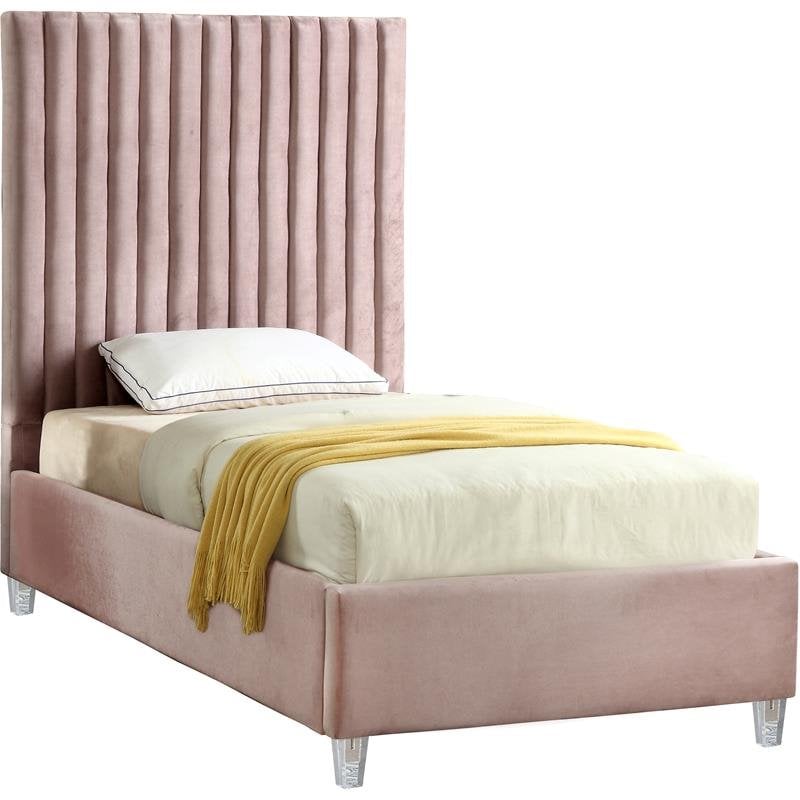 Meridian Furniture Candace Solid Wood Tufted Velvet Twin Bed in Pink ...