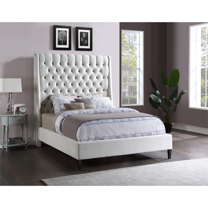 Meridian Furniture Fritz Cream Velvet Queen Bed | Homesquare