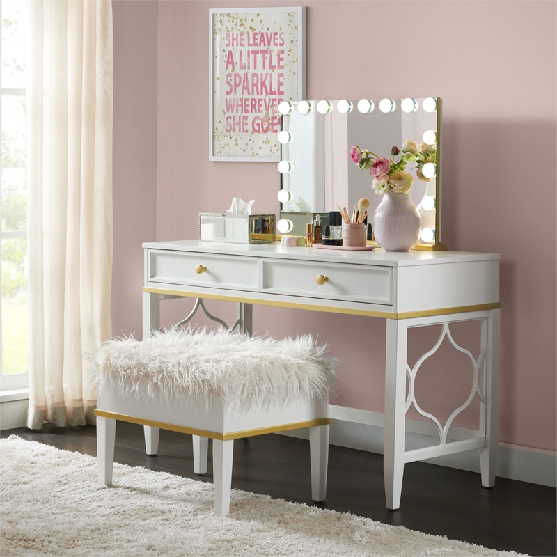 Martin Svensson Home Emma White and Gold Vanity with Mirror and Stool ...