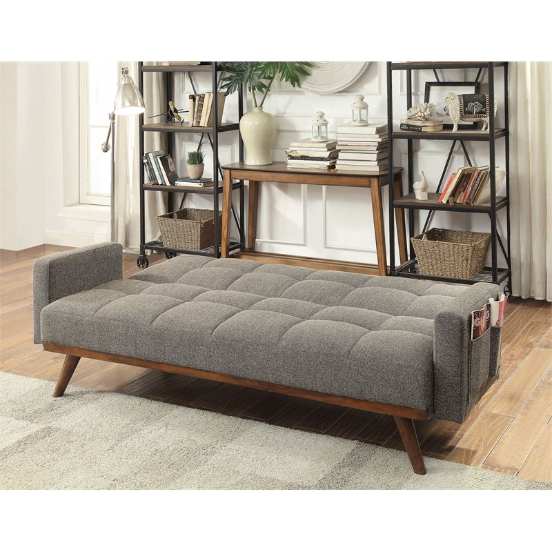 Allora Mid-Century Fabric Futon Sofa with Wood Base and Angled Legs in Gray