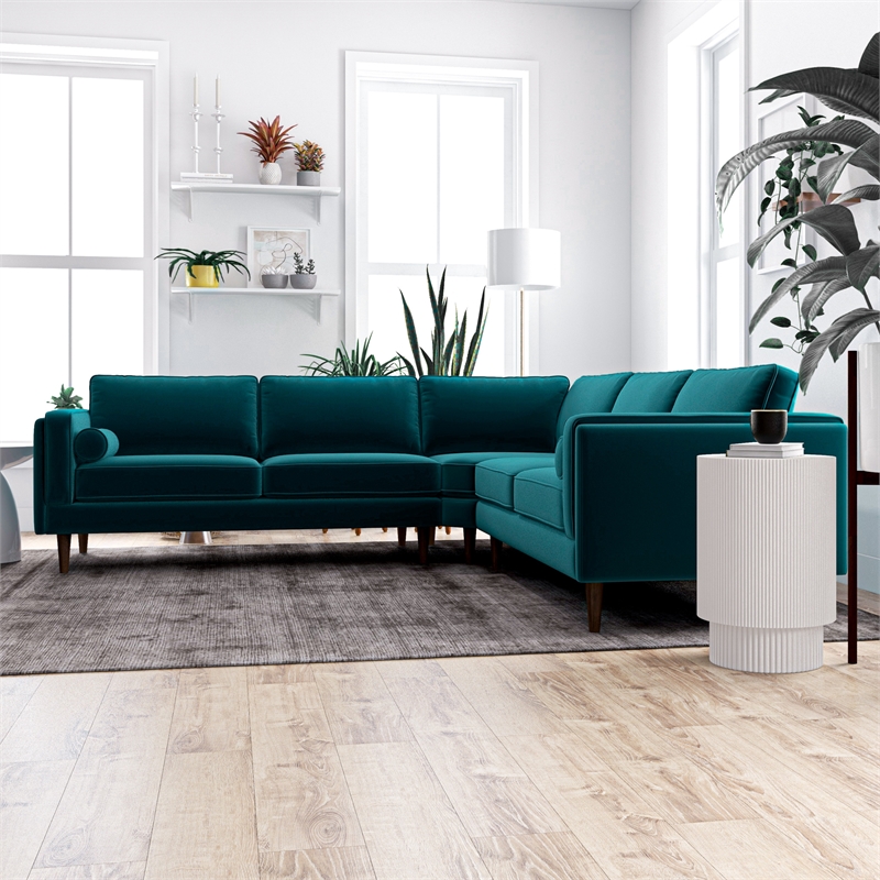 Allora Mid Century Velvet Pillow Back Corner Sofa in Teal Turquoise
