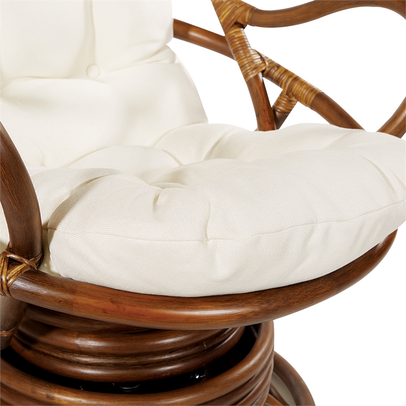 Kauai Rattan Swivel Rocker Chair in Linen Beige Fabric and Brown Ratan ...