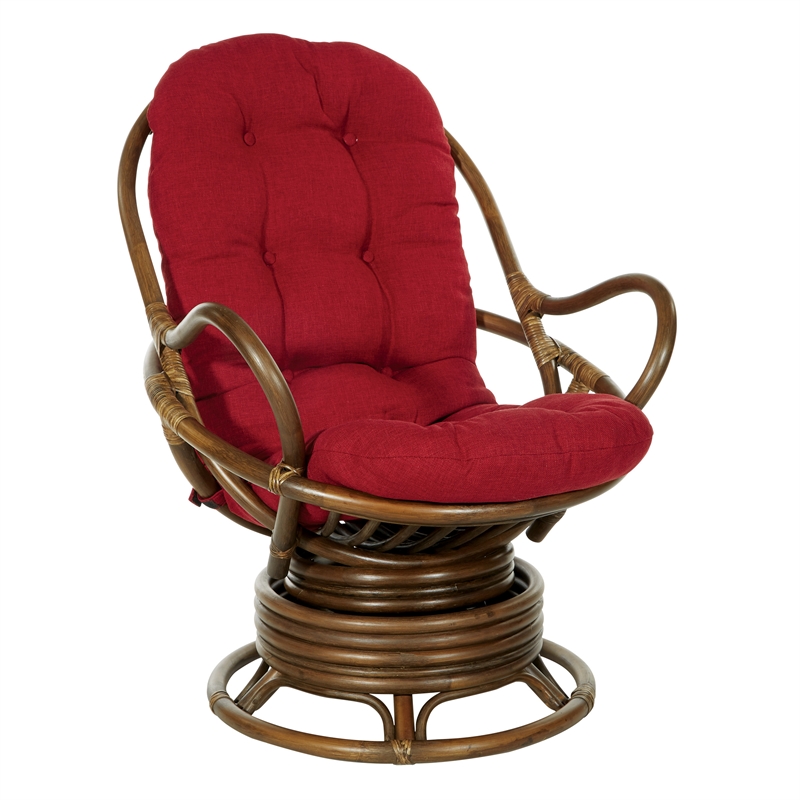 Kauai Rattan Swivel Rocker Chair in Red Fabric and Brown Rattan Frame ...