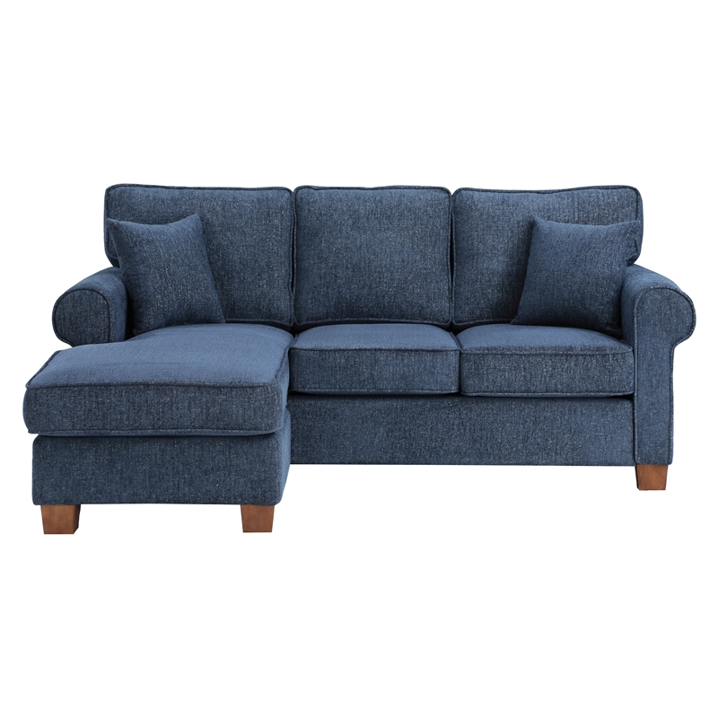 Rylee Rolled Arm Sectional in Navy Fabric with Pillows and Coffee Legs ...
