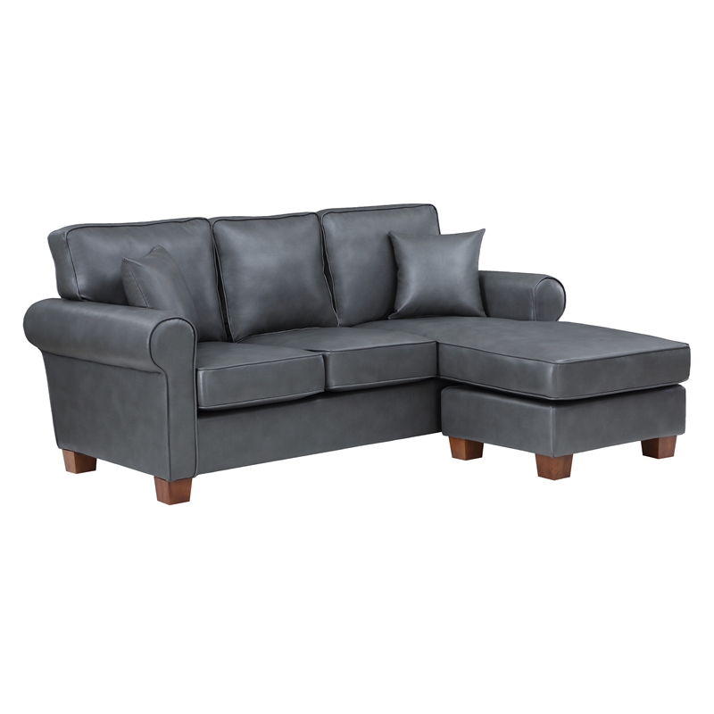 Rylee Rolled Arm Sectional in Pewter Gray Faux Leather with Pillows ...