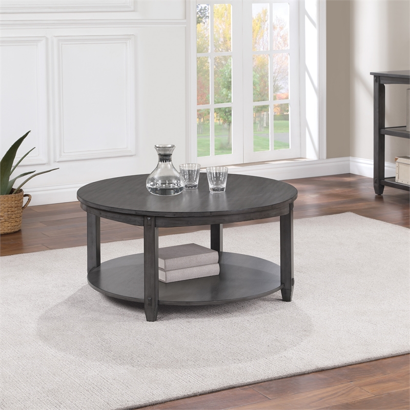 Lane Round Coffee Table with Lower Shelf in Slate Gray Wood Finish ...