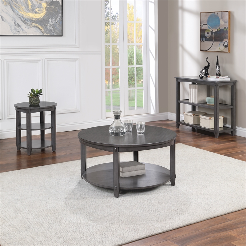 Lane Round Coffee Table with Lower Shelf in Slate Gray Wood Finish
