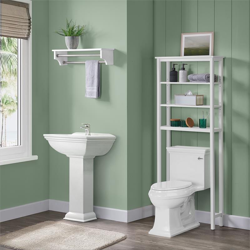 Dover 27 Inch Wide White Wood Bathroom Shelf with 2 Towel Rods Homesquare