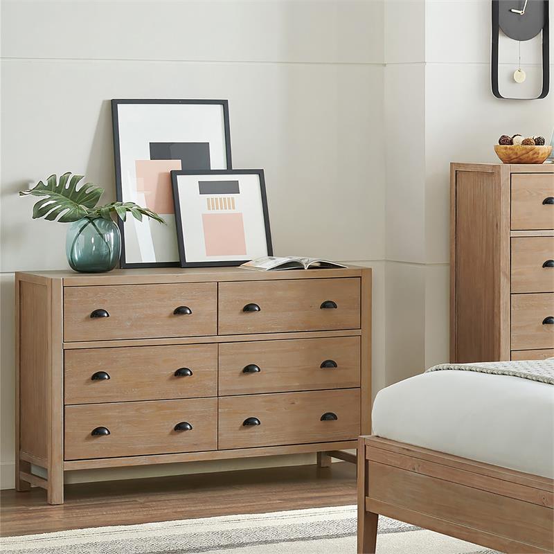 Alaterre Furniture Arden 6 Drawer Pine Wood Double Dresser in Light Driftwood