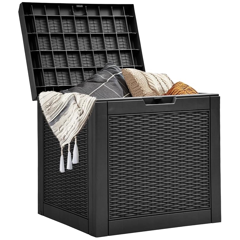 30-Gallon Weatherproof Outdoor Storage Box with Rattan Effect - Black Resin