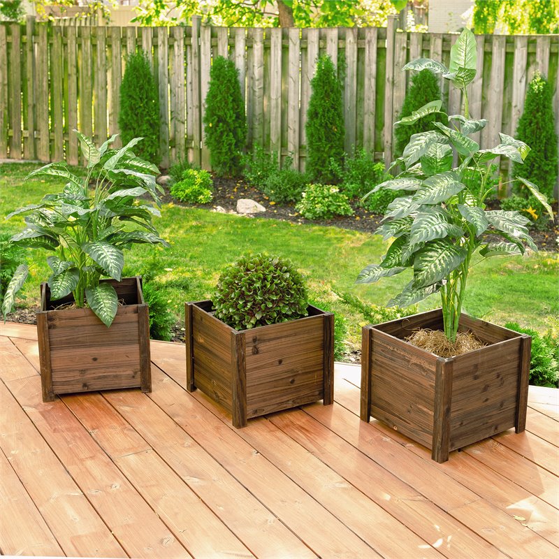 Leisure Season Large Square Wood Planters in Medium Brown (Set of 3 ...