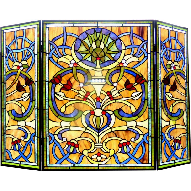 CHLOE Bardot Tiffany-glass Victorian 3pcs Folding Fireplace Screen 40 ...