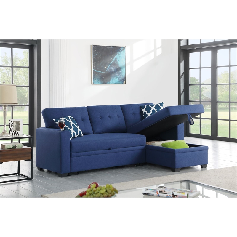 Reversible Fabric Sleeper Sofa Bed & Chaise with Cup Holder-Blue ...