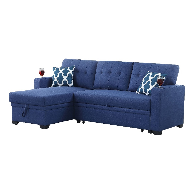 Reversible Fabric Sleeper Sofa Bed & Chaise with Cup Holder-Blue ...