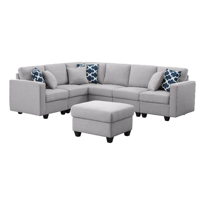 Six Seat Fabric Reversible Modular Sectional Sofa with Ottoman-Light ...