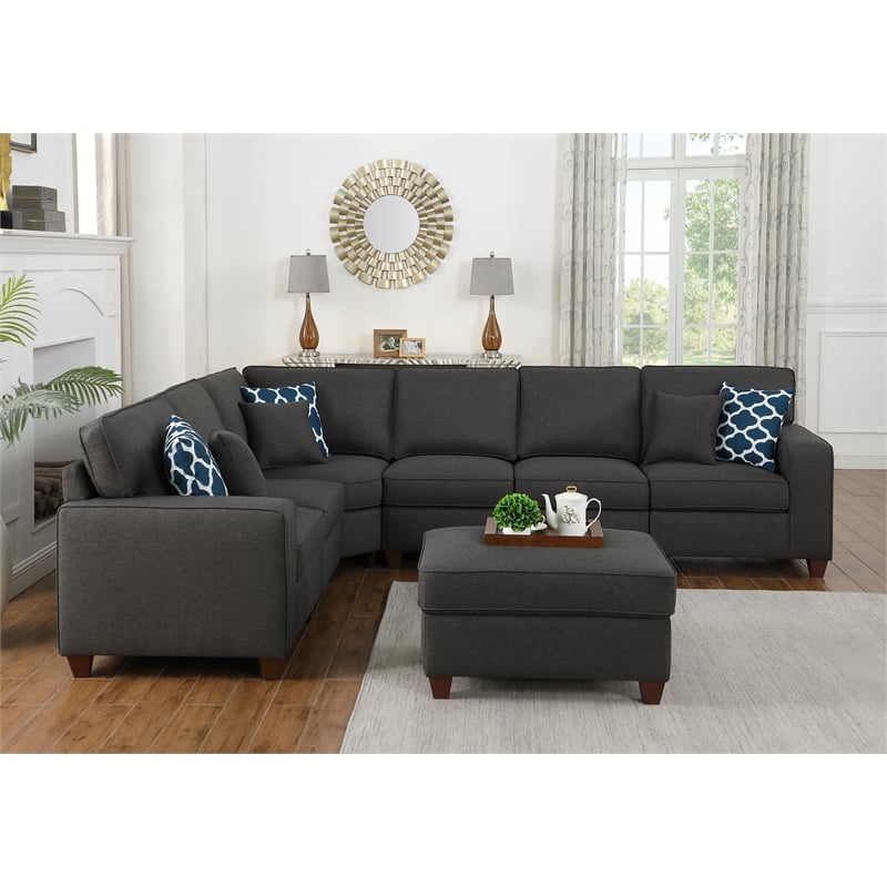 Devion Furniture 7 Piece Upholstered Fabric Sectional with Ottoman in Gray Homesquare