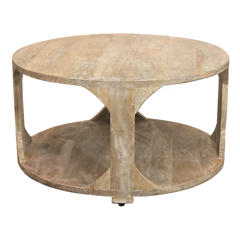 Jenna Round Cocktail Table with Shelves In Coastal Natural Solid Wood