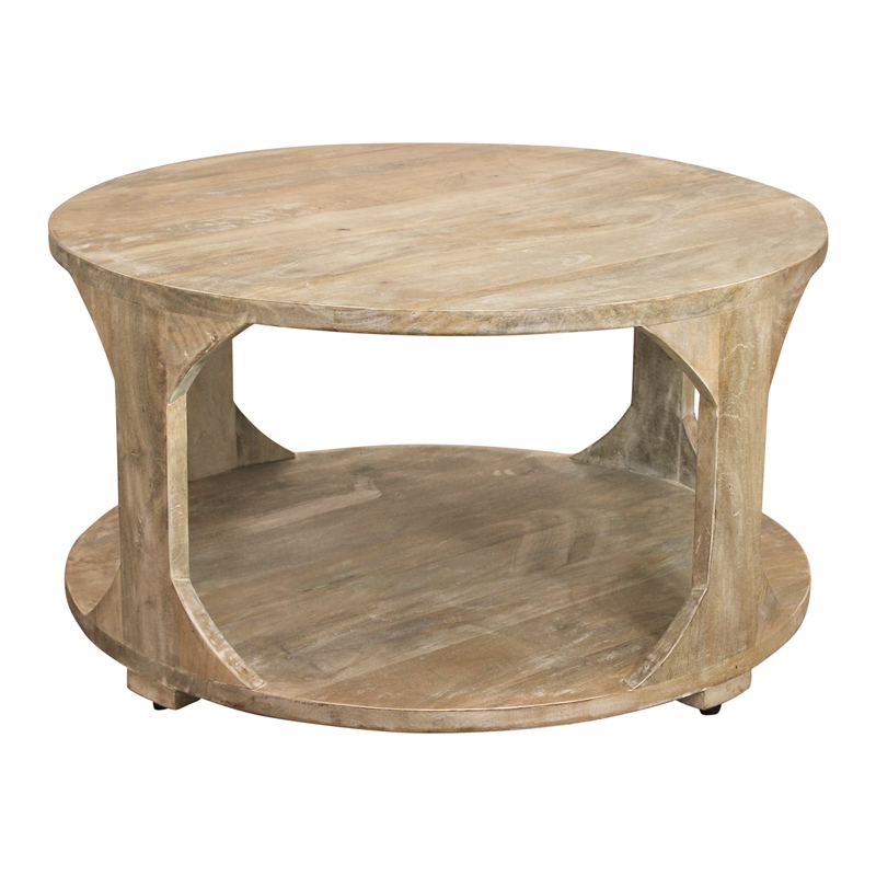 Jenna Round Cocktail Table with Shelves In Coastal Natural Solid Wood