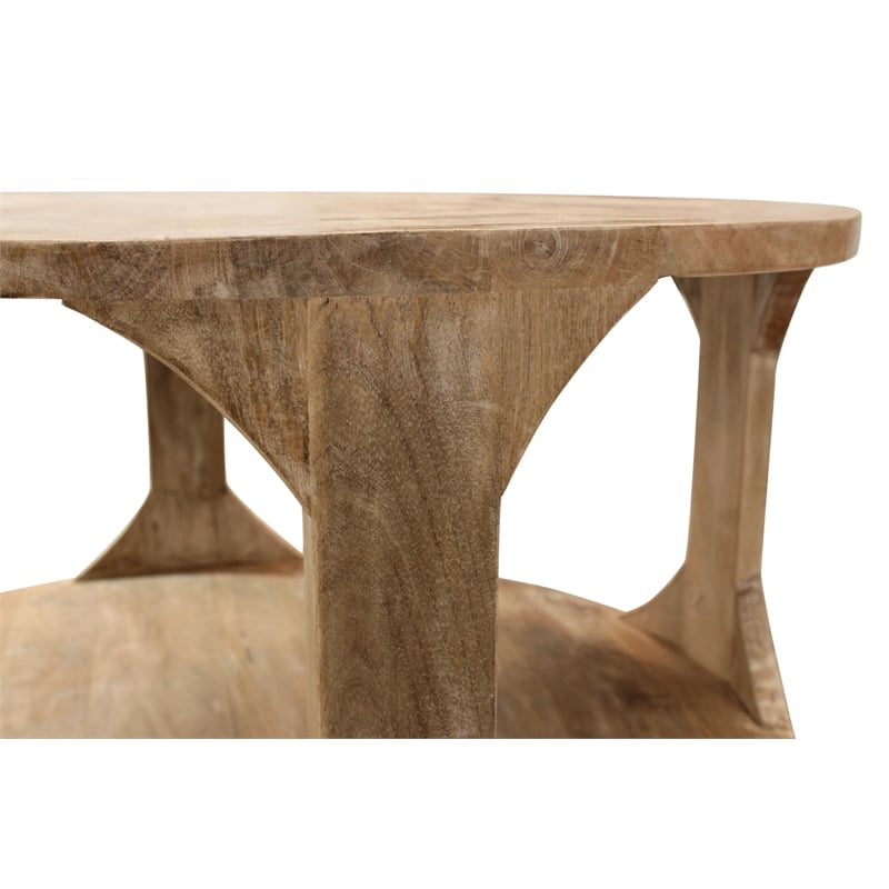 Jenna Round Cocktail Table with Shelves In Coastal Natural Solid Wood