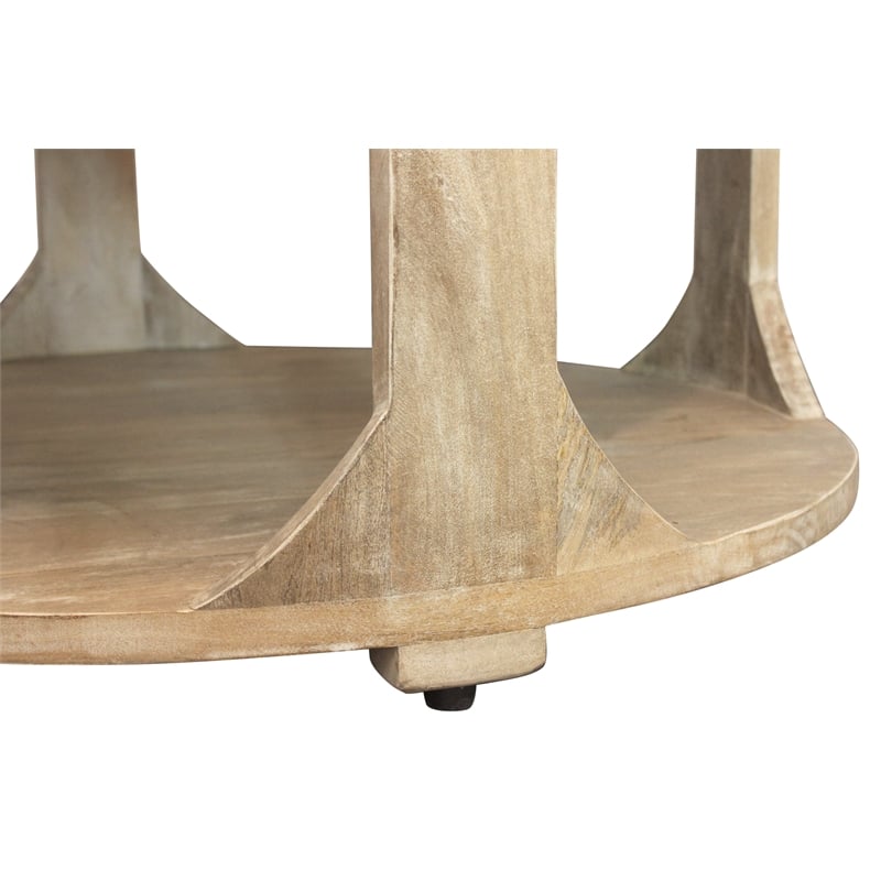 Jenna Round Cocktail Table with Shelves In Coastal Natural Solid Wood