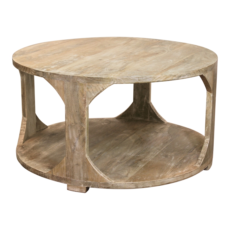 Jenna Round Cocktail Table with Shelves In Coastal Natural Solid Wood