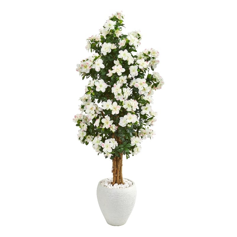 Nearly Natural 5ft Azalea Artificial Tree in White Planter in White