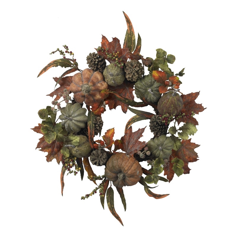 Nearly Natural 24" Pumpkin & Gourd Wreath in Orange | Homesquare