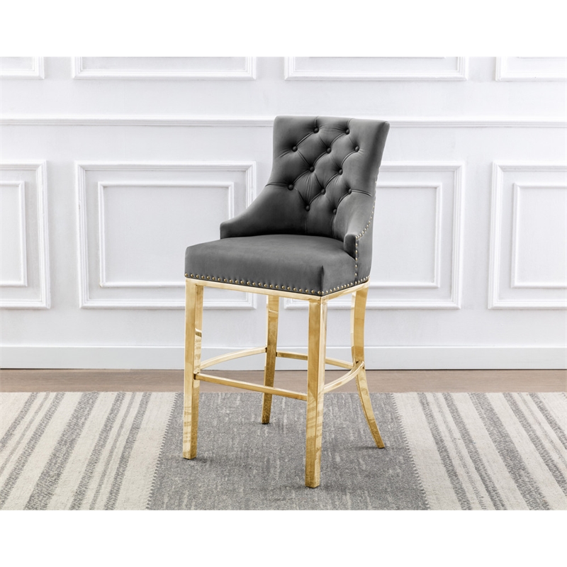 Best Quality Set of 2 Bar Stools Dark Gray Velvet w Gold Stainless Steel