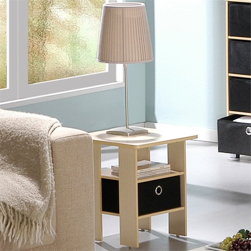 Furinno Andrey Engineered Wood End Table with Bin Drawer in Steam Beech Natural Cymax Business