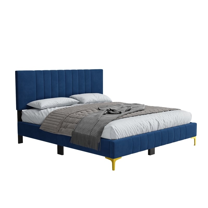 Dean Upholstered Velvet Full Size Bed in Blue with Gold Metal Legs ...