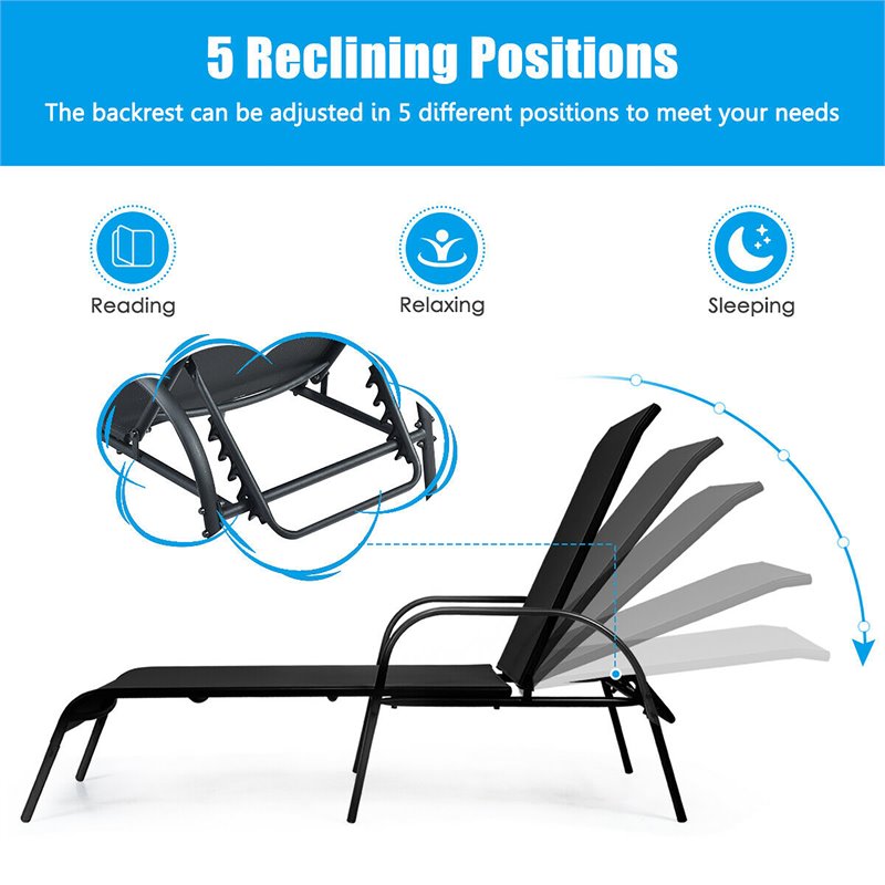 Costway Steel and Fabric Patio Lounge Chair with Adjustable Backrest in Black