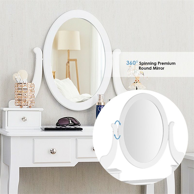 Costway MDF and Wood Vanity Dressing Table Set with Stool Oval Mirror in White