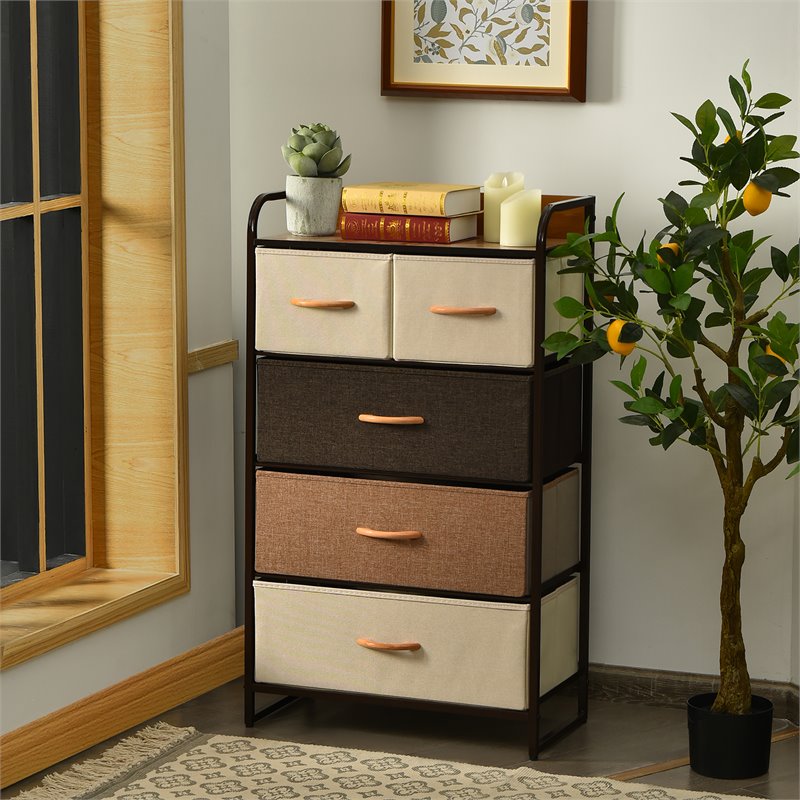 Costway 5 Drawer 4 Tier Dresser Storage Organizer Tower with Wood Top in Cream