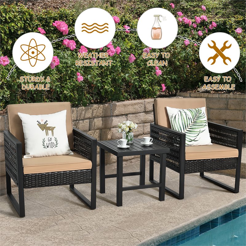 Costway 3 piece Rattan Patio Bistro Set with Cushioned Sofa Chairs in Mix Brown Homesquare
