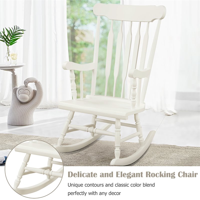 Costway Solid Wood Indoor/Outdoor Porch Rocking Chair in Glossy White