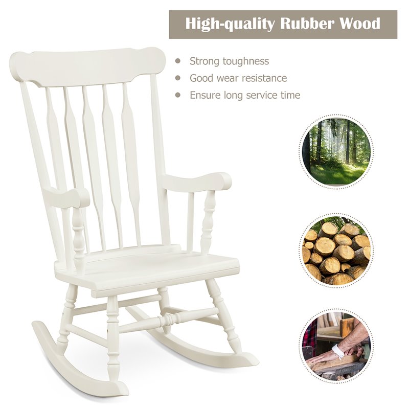 Costway Solid Wood Indoor/Outdoor Porch Rocking Chair in Glossy White