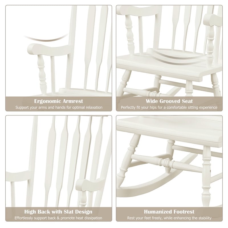 Costway Solid Wood Indoor/Outdoor Porch Rocking Chair in Glossy White