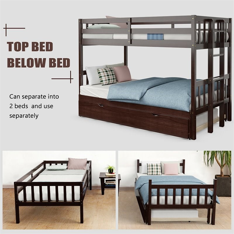 Costway Wood and PB Twin Over Twin Pull Out Bunk Bed with Trundle in Espresso Homesquare