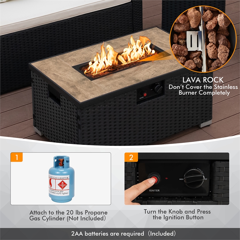 32''x 20'' Propane Rattan Fire Pit Table Set w/ Side Table Tank Black ...