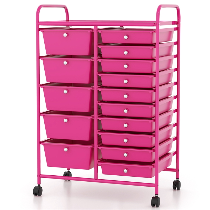 15 Drawer Rolling Storage Cart Mobile Cart Organizer Hot Pink