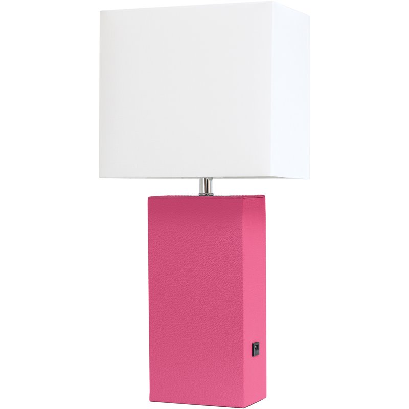 Elegant Designs Leather Table Lamp w USB Port in Hot Pink with White ...