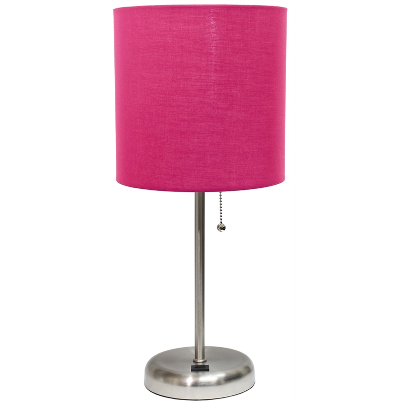 LimeLights Silver Metal Stick Lamp w/ USB Port with Pink Shade | Homesquare