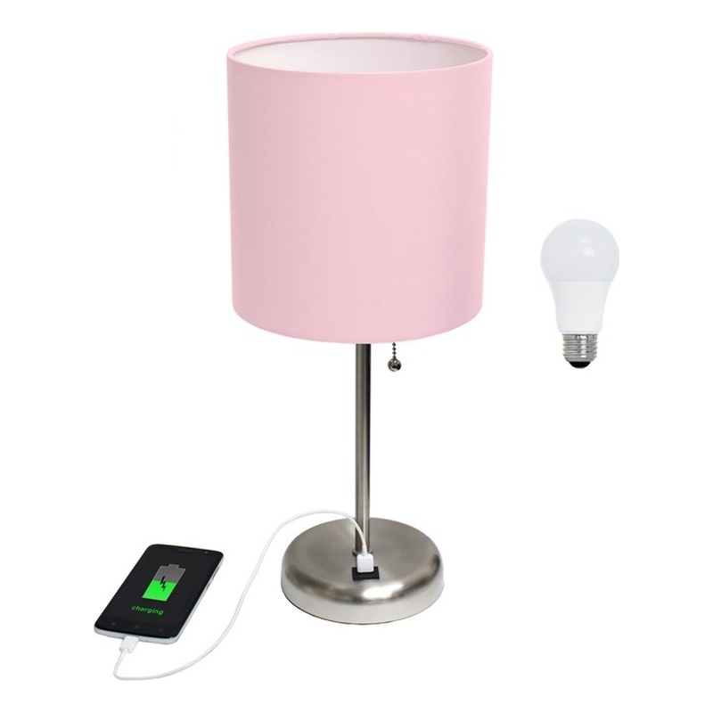 Simple Designs 19.5" Steel Stick Lamp w/ USB Port Light Pink w/ LED ...