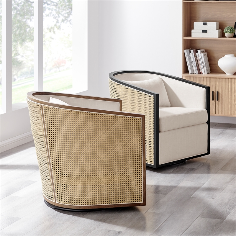 New Pacific Direct Marilyn Fabric Swivel Accent Arm Chair w/ Rattan in ...