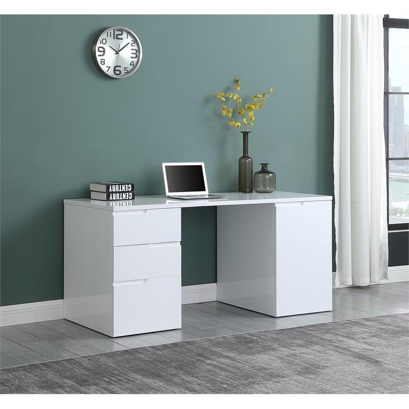 Milan Modern Gloss White Wood Desk with 3 Drawers and 1 Door | Homesquare