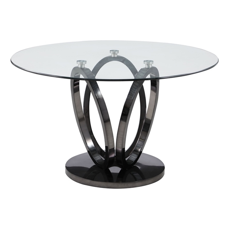 Milan Lyn Round Glass Dining Table w/ Graphite Gray 3-Ring Steel Base ...