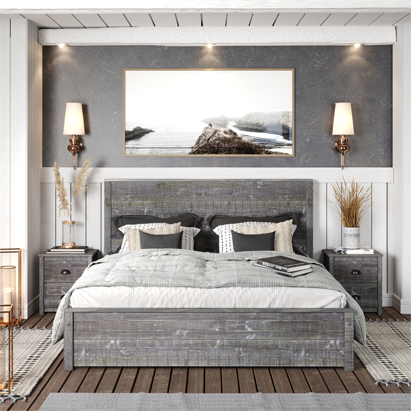 Hampton Solid Wood Bed Queen Size - Misty Grey Finish