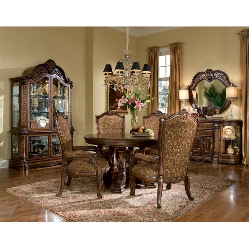 Michael Amini Windsor Court Round Brown Wood Dining Table Set with 4 Chairs