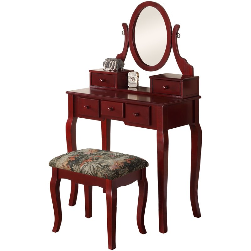 Roundhill Furniture Ashley Wood Make-Up Vanity Table and Stool Set in ...