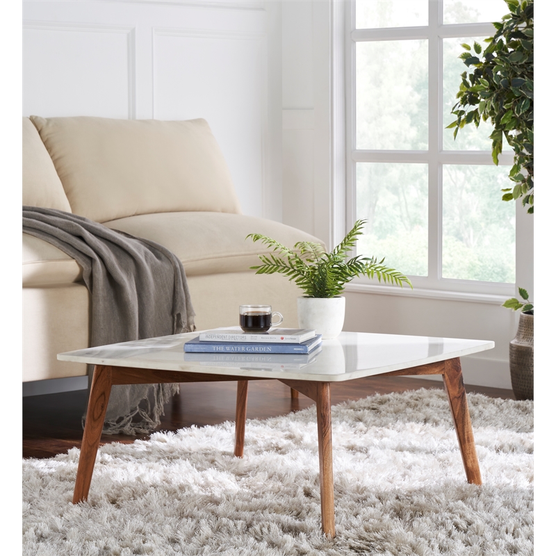Mod-Arte Nero white authentic marble square coffee table with wood legs ...